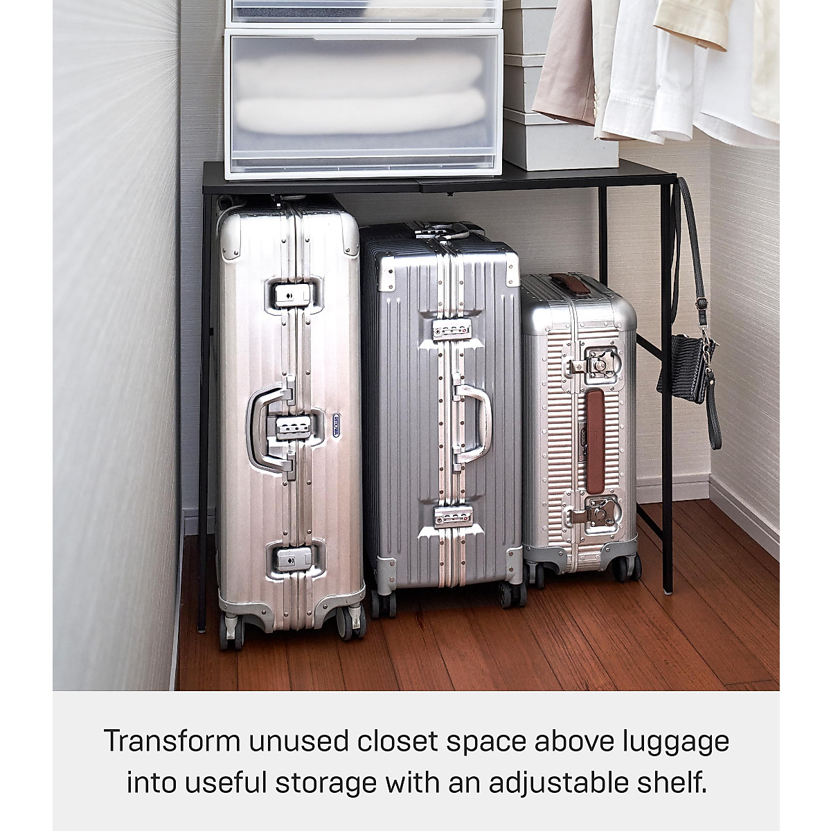 Yamazaki Home Tower Expandable Over Suitcase Shelf, Closet Luggage Organization Clothes Hanger Metal Shelf - Steel