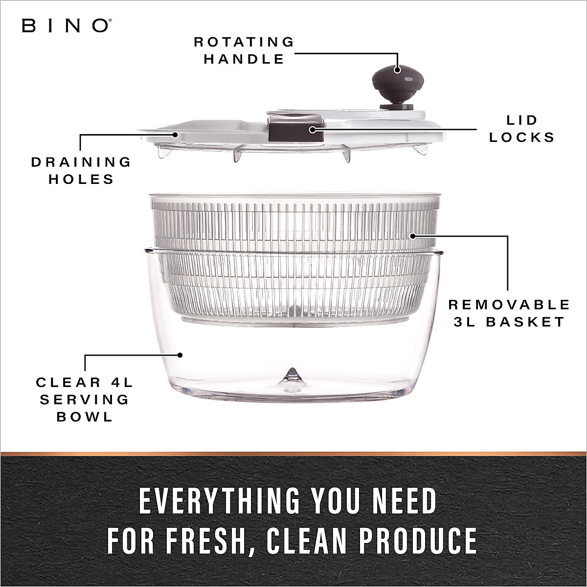 BINO | Salad Spinner - 4.2 Qt | Large Manual Lettuce Spinner with Secure Lid Lock & Built-in Draining System | Salad Spinner with Salad Bowl | Fruit & Vegetable Basket Colander | Kitchen Gadgets
