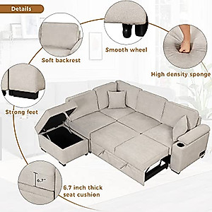 Merax L Shaped Sectional Sofa Couch Sleeper Bed with Storage Ottoman and Chaise for Living Room, Small Apartment Love Seats, Beige_Linen
