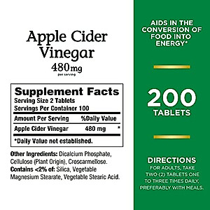 Nature’s Bounty Apple Cider Vinegar 480mg Pills, Vegetarian Supplement Plant Based, 200 Tablets