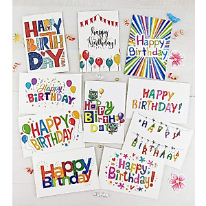 100 Happy Birthday Cards Bulk, Blank Inside with Envelopes and Stickers, – 20 Unique Bright Colorful Designs Notes, Large 5x7 Inches Folded, Thick Cardstock in a Sturdy Packaging