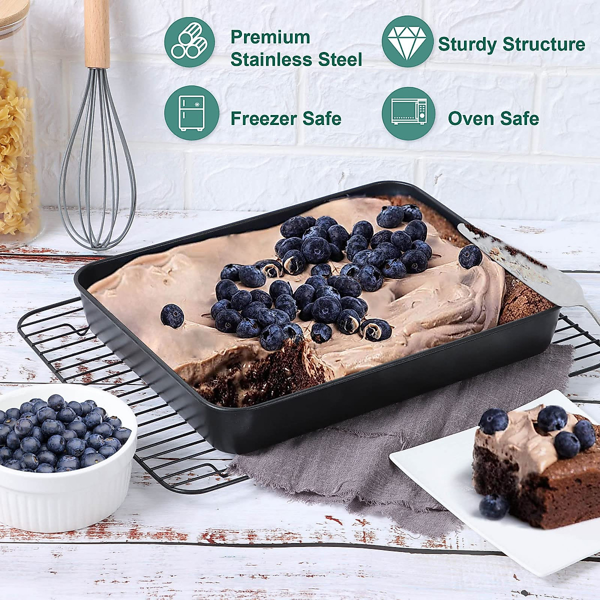 LIANYU 2 Pack Stainless Steel Baking Pan with Lid, 12⅖ x 9¾ x 2 Inch Lasagna Rectangle Cake Pan, Black Nonstick Bakeware for Brownie Bread Chicken, Stackable, Oven Safe