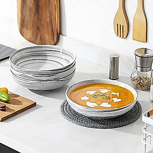 MALACASA Pasta Bowls, 40 OZ Large Salad Serving Bowls Set of 4, Porcelain Pasta Bowls Salad Bowls for Kitchen, Marble Grey Soup Plates Shallow Bowls Set, Microwave & Dishwasher Safe, Series REGULAR