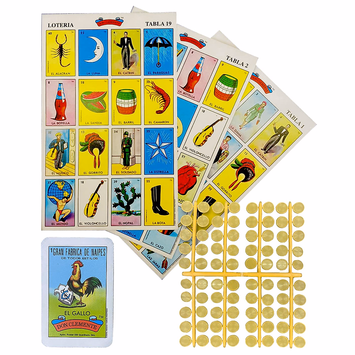 Loteria Mexicana Tradicional Mini Don Clemente 20 Jugadores 160 Fichas - Mexican Bingo Medium Board Game Set 160 Counting Plastic Chips for 20 Players with Deck of 54 Cards and 20 Boards