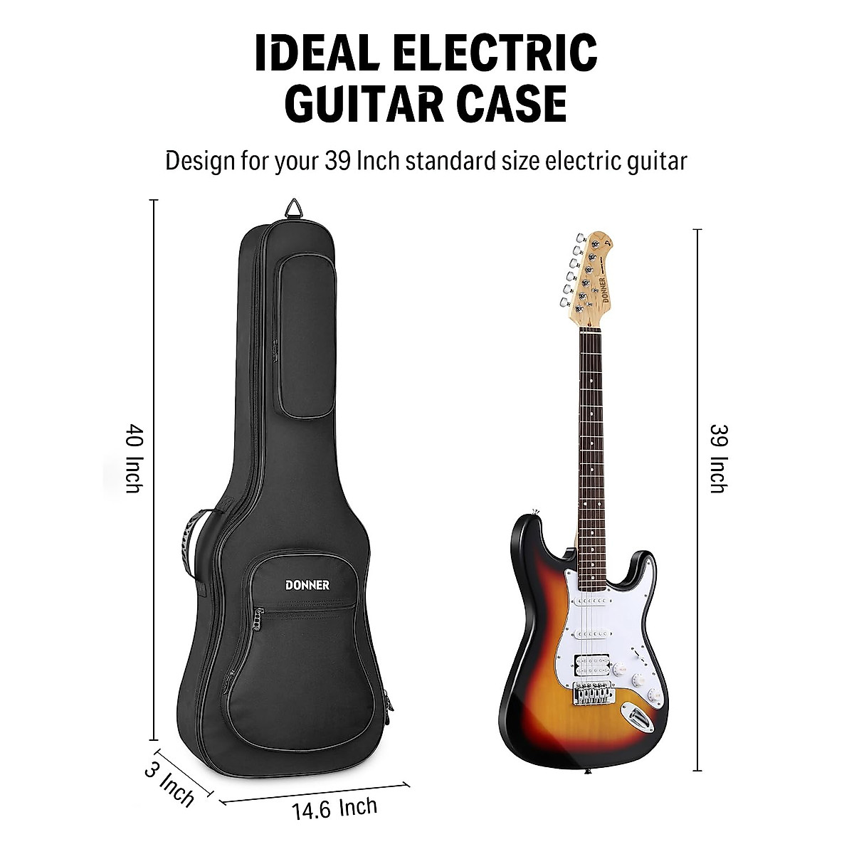 Donner 39 inch Electric Guitar Bag Gig Bag, 0.4 Inch Padded Sponge 600D Ripstop Waterproof Nylon Dustproof Soft Electric Guitar Case Adjustable Strap Black