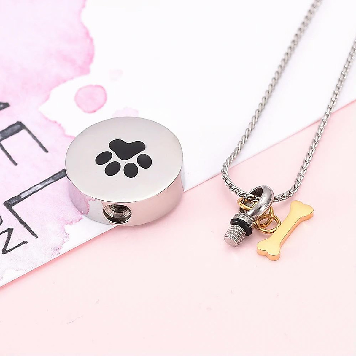 MYPOWER Pet Paw Print Round Cremation Jewelry for Ashes Pendant Golden Dog Bone Stainless Steel Holder Urns Pet Memorial Necklace