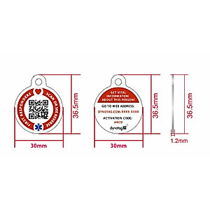 Dynotag® Web Enabled Smart Medical ID/Emergency Information Round Steel Tag - 30 mm. Includes Lobster Clasp, with DynoIQ™ & Lifetime Service.