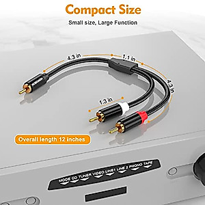HOSONGIN RCA Y Splitter 1 Male to 2 Male Audio Cable 2 Pack, Black Cotton Braided Jacket Gold-Plated Plug Premium Shielded Audio Cable, Length 12 inch