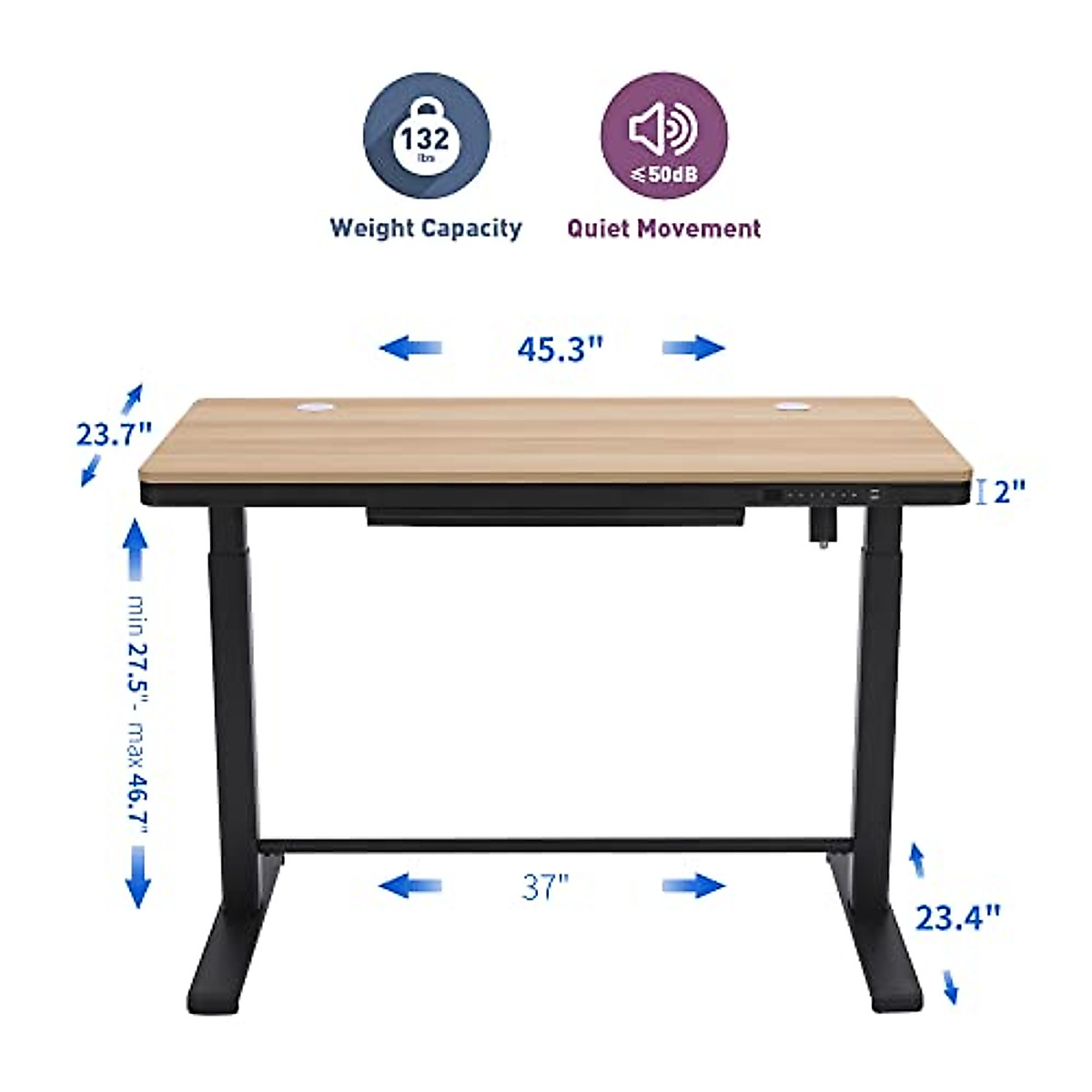 FARRAY Electric Standing Desk with Drawer, 45 x 24 Inch Adjustable Height Desk with Power Strip & USB Ports, One-Piece Top Stand Up Desk, Modern Sit Stand Desk (Oak Top + Black Frame)