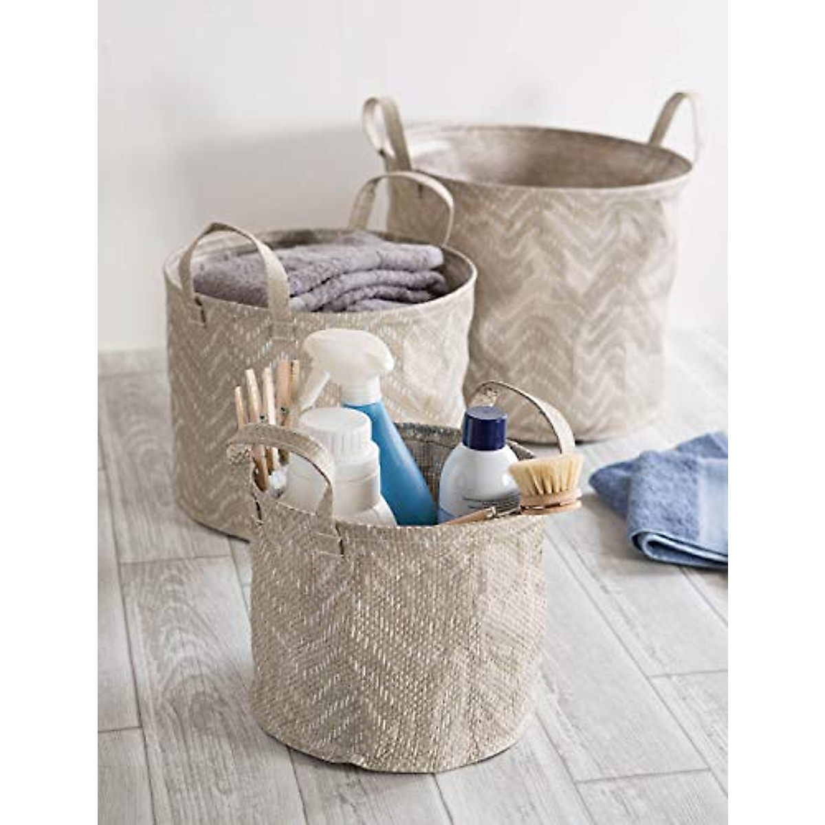 DII Collapsible Waterproof Chevron Laundry, Small Round, Stone/Cream, 2 Piece