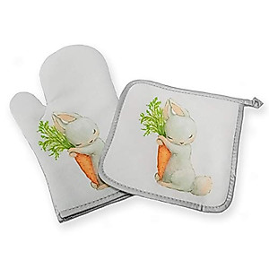 Spring Decorative Kitchen Hot Plate Pot Holder Oven Mitt Set | Retro Chic Luxe Easter Bunny Rabbit With Eggs and Carrot| Cute Decoration White Home Decor Holiday | Gift Present