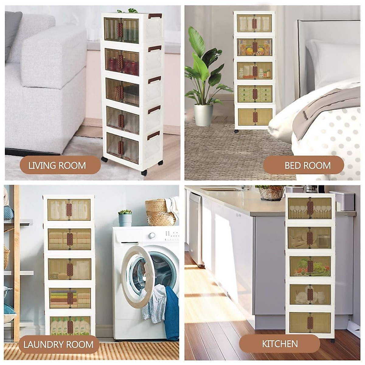 Rodoangrup 5 Tier23Quart Folding Organizer with Wheels and Lid, Stackable Plastic Organizers, Closet Organizers and Storage Bins for Bedroom, Den, Office and Dorm Room Organization