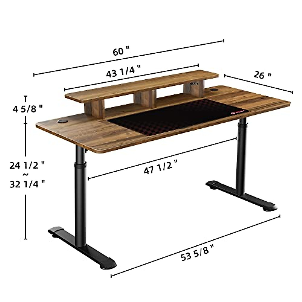 EUREKA ERGONOMIC 60 Inch Computer Desk Large Manual Height Adjustable Gaming Desk, Home Office Desk with Monitor Stand Shelf Led Lights Strips, Computer Desk with Dual 2 Monitor Mouse Pad, Brown