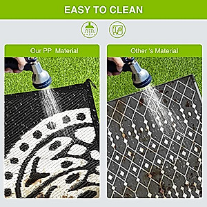 ONME Outdoor Rug RV Mat Recycled 9x12FT Reversible Mats with 8 Corner Loops for Outdoors, Patio, Backyard, Deck, Picnic, Beach, 8 Stakes and Carry Bag Included (Black and White Paisley)