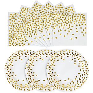 CENLBJ Disposable Plates 100 Pack - White & Gold Paper Plates 50 x 7, Gold Dot Napkins 50 x 6.5, Party Supplies for Weddings, Birthdays & All Occasions