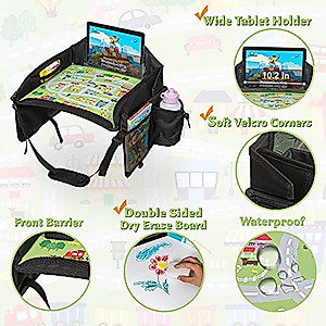 KIDSNEAR Kids Travel Tray, Car Seat Travel Tray, Toddler Travel Tray with iPad & Tablet Holder, Cup Holder, Dry Erase Board (Black)