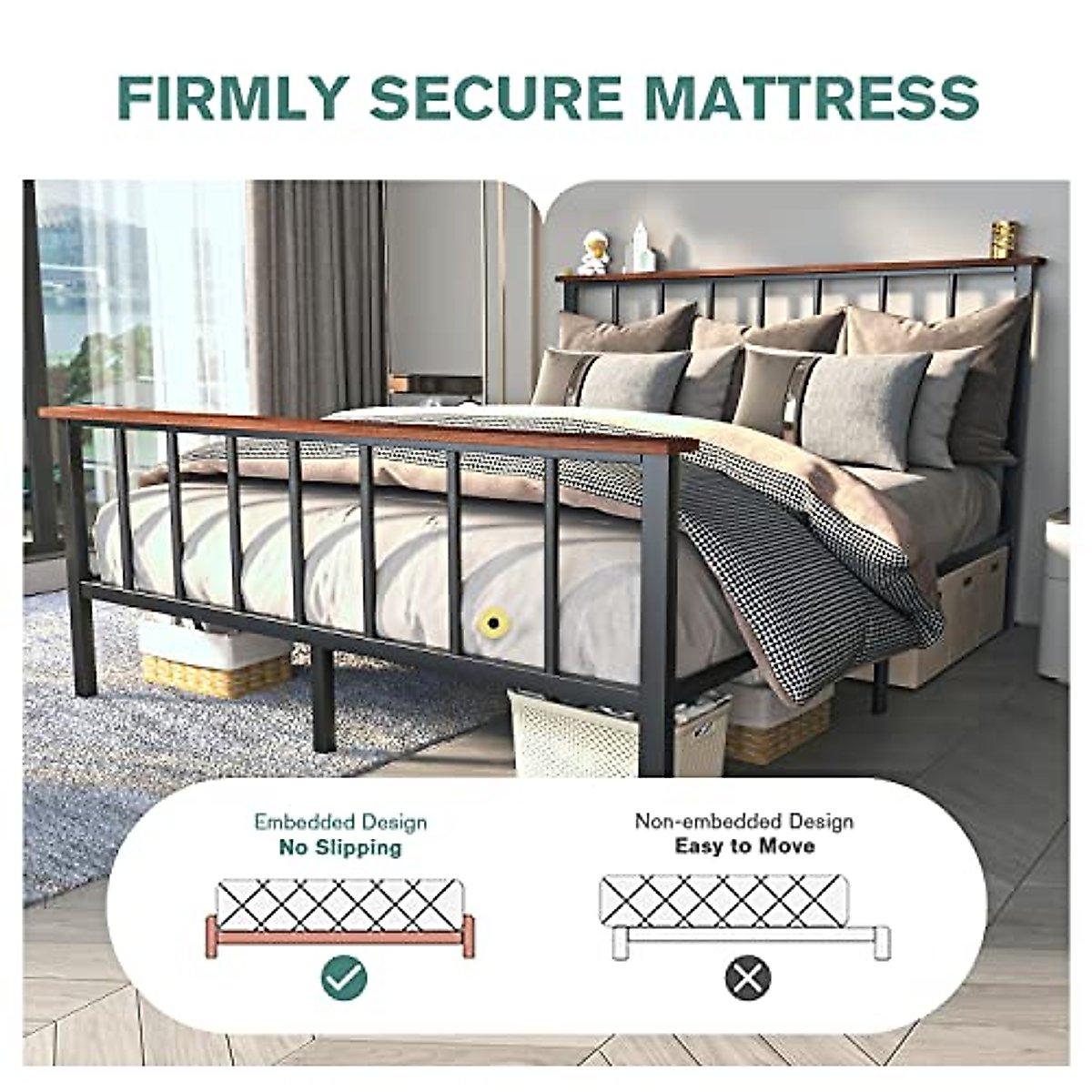 IMUsee Queen Size Metal Platform Bed Frame with Headboard, Heavy Duty, Mattress Foundation, Multi-Directional Support, No Box Spring Needed, Easy Assembly, Noise Free, Black