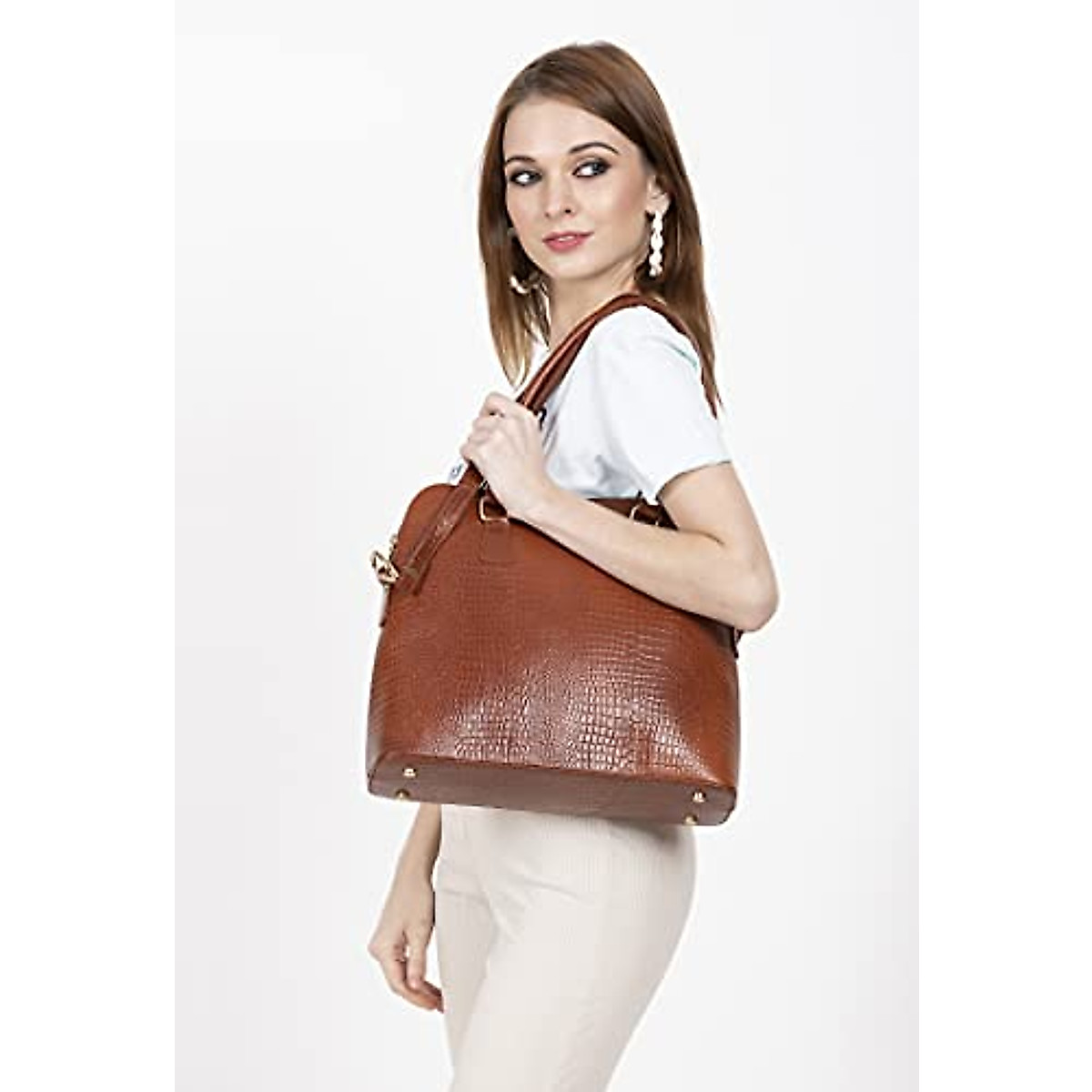 La Reina Women's Genuine Leather Handmade Handbags Shoulder Tote Organizer Top Handles Crossbody Bag Satchel Designer Purse, Crocodile Pattern (TAN)