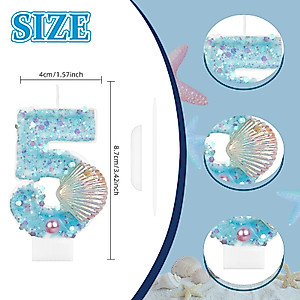 Blue Birthday Number 6 Candle, Girls Glitter Shell Sequins Birthday Candles for Cake Decorations, Mermaid Theme Party Birthday Wedding Anniversary Celebration Supplies