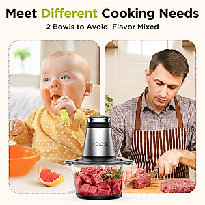 KOIOS Food Processor, 500W Electric Food Chopper with 2 Bowls (8 Cup+8 Cup) & 2 Bi-Level Blades&, Small Electric Grinder Meat Processor for Nuts, Meat, Onion, Garlic, Baby Food, Black