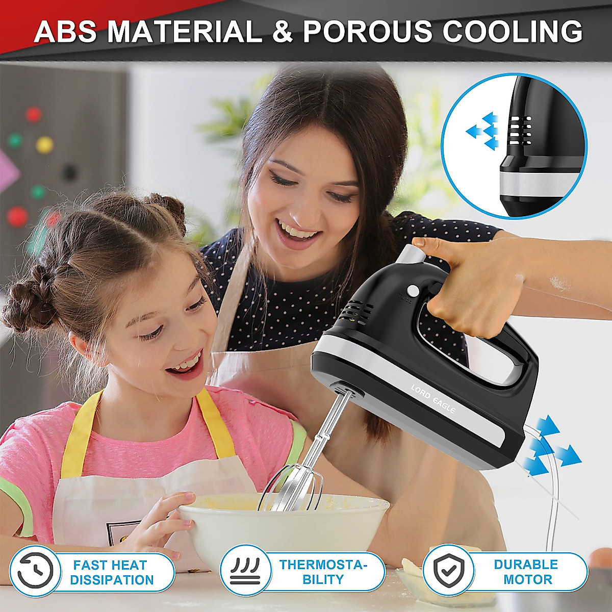 Lord Eagle Electric Hand Mixer Mini, 300W Power Handheld Mixer Kitchen for 5-Speed Baking Cake Egg Cream Food Beaters Whisk, with Snap-On Storage Case, Black