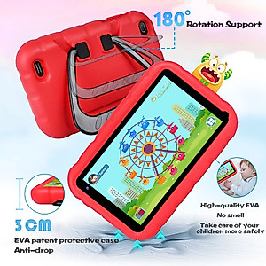 YESTEL Tablet for Kids 7 Inches, Android 11 FHD Kids Tablet 2GB RAM 32GB (Up to 128GB) with Shock- Proof Case, Reversible Stand, Dual Cameras, Red