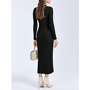 Langwyqu Womens Knit Long Sweater Dress Button V Neck Collared Long Sleeve Ribbed Bodycon Pullover 2024 Fall Maxi Dresses Black