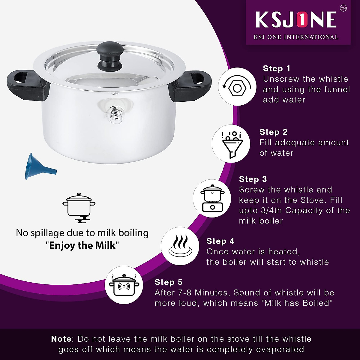 KSJONE Stainless Steel Milk Boiler Pot, Double Wall Milk Cooker with Whistle and Funnel, Silver (1.5 Quart)