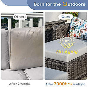 Outdoor Patio Furniture Set with 44" Gas Fire Pit Table - PE Wicker Patio Conversation Sets Cushioned Seat Couch - 7 Seats Outdoor Sectional Chair Sofa Set for Yard Garden Porch(6Pcs, Beige)