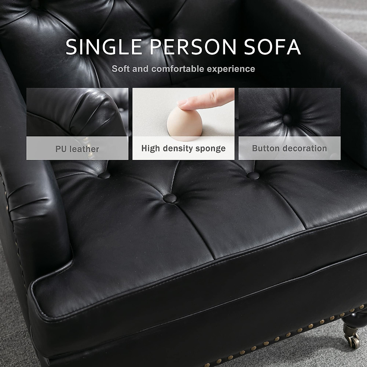 Nrizc Black Leather Club Chair, Mid Century Modern Accent Arm Chairs with Studded, Living Room Chairs with Solid Wood Frame, for Living Room, Bedroom, Reading, or Office