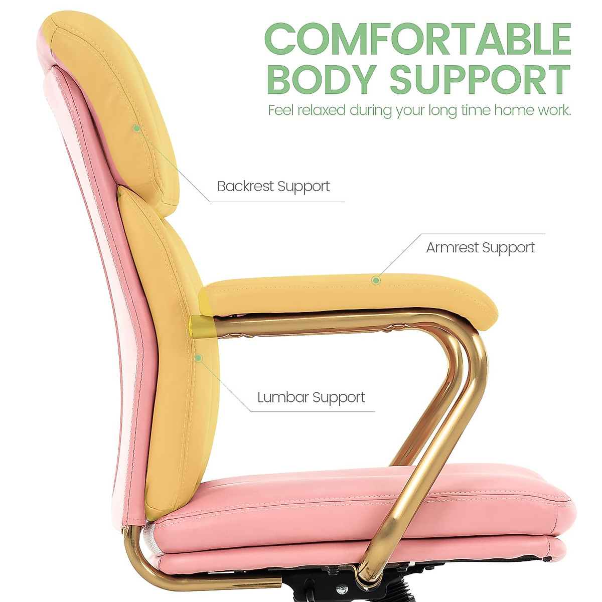 MFD LIVING Home Office Chair, Modern Upholstered Mid-Back PU Leather Task Desk Chair with Arms, Adjustable Rocking Swivel Computer Chair with Wheels (Pink)