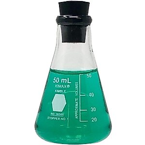 Kimble KIMAX 26500-50, 50ml Narrow Mouth Erlenmeyer Flask with Rubber Stopper (Single)