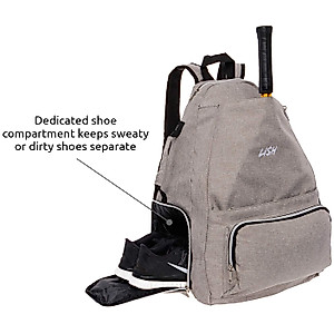 LISH Game Point Tennis Backpack w/Shoe Compartment - Racket Holder Equipment Bag for Tennis, Racquetball, Squash (Grey)