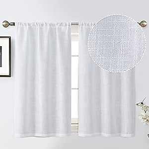Home Queen White Sheer Burlap Linen Cafe Curtains, Semi Sheer Drapes for Kitchen Window Over Sink, 45 Inch Length 2 Pack