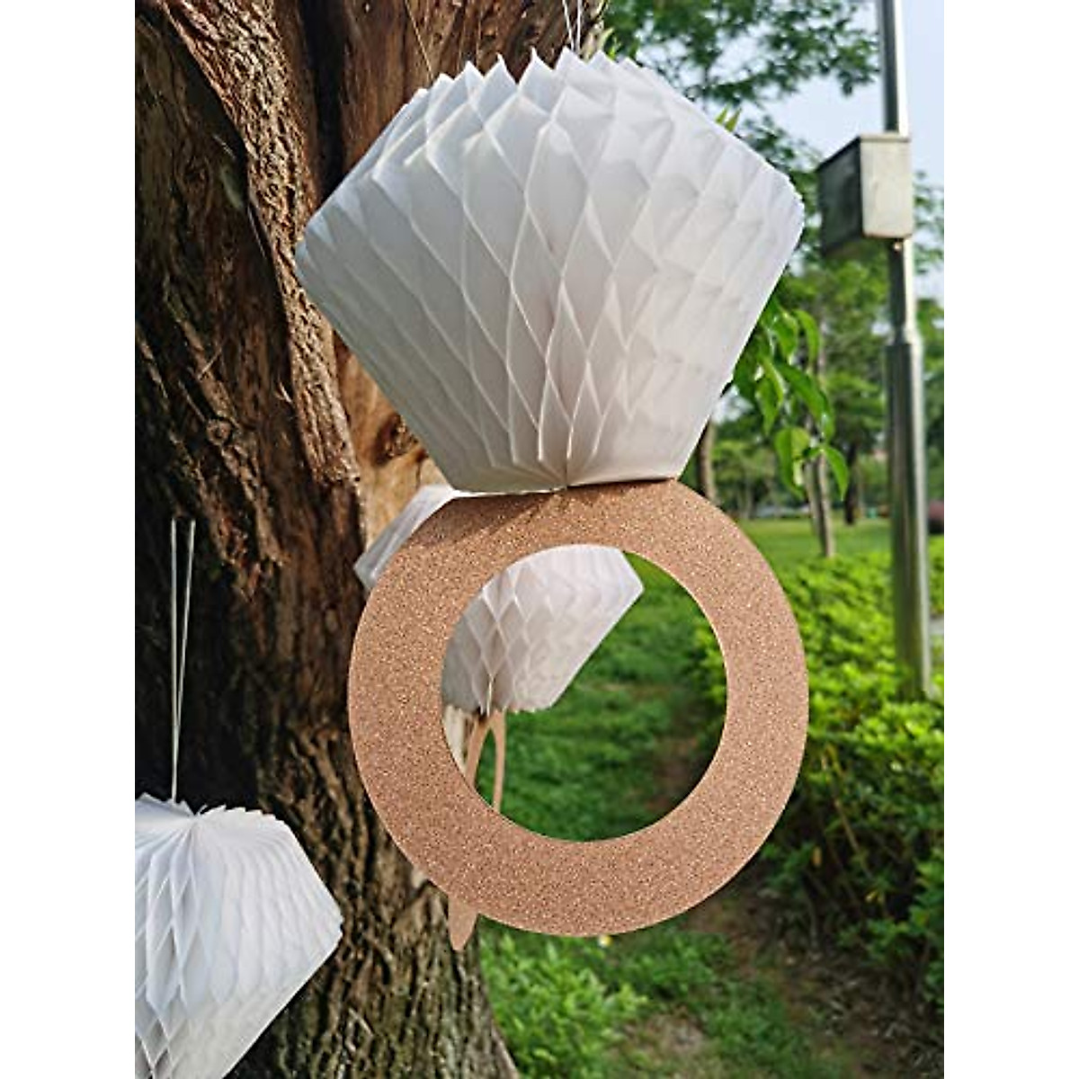 Engagement Party Decorations, Bridal Shower Supplies, Honeycomb Ring Hanging Decorations, Rose Gold Glitter Diamond Rings (6pcs), Engaged Diamond Rings Decorations for Engagement