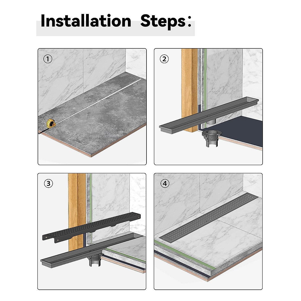 HTOH Shower Drain, Linear Shower Drain 24 Inch(Brushed Nickel),Modern 304 Stainless Steel Shower Floor Drain with Grate Removable, Adjustable Leveling Feet, Rectangular Shower Drain