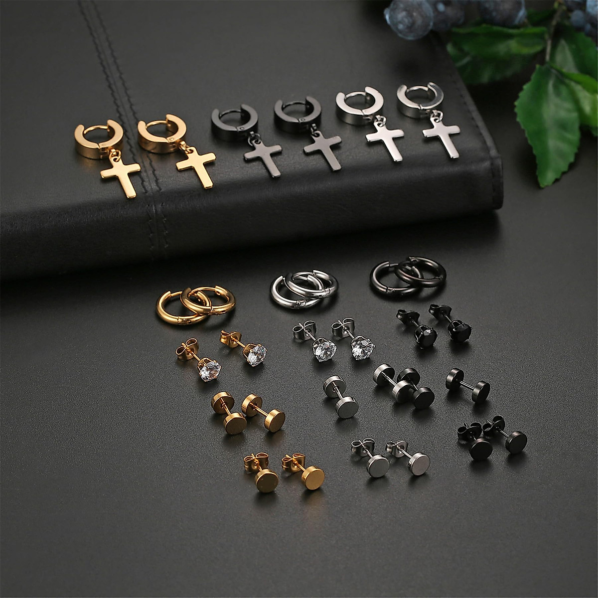 OIDEA 15 Pairs Earrings for Men: Stainless Steel Earrings Stud Kit for Men Women Fashion Piercing Jewelry Cross Dangle Hoop Earrings Set Gifts