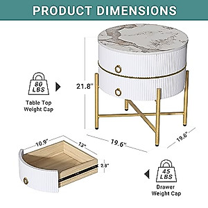 O&K FURNITURE White Round Side Table for Living Room, Marble End Table with 2 Drawers, Modern Nightstand with Metal Legs for Bedroom, White & Gold