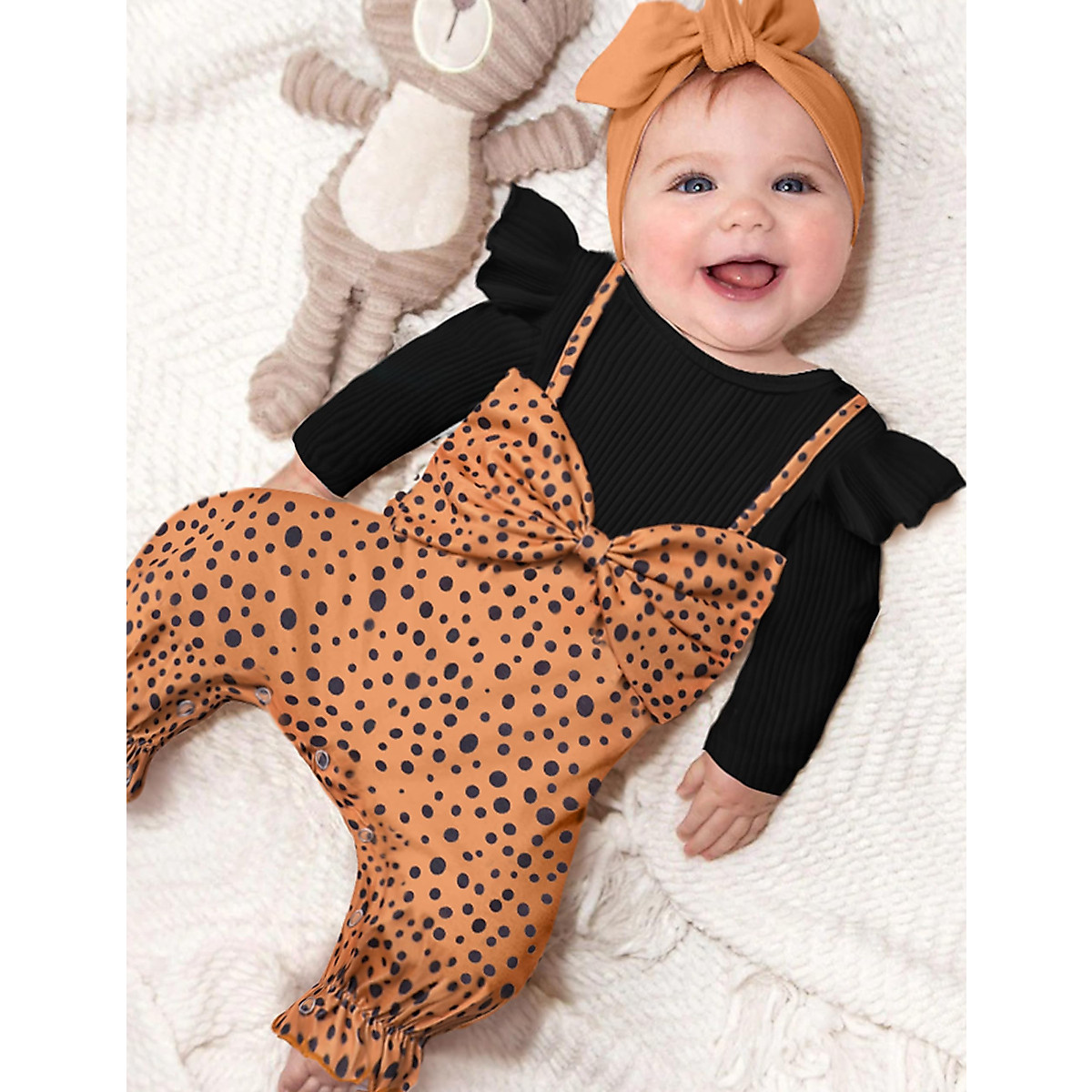 Queenstyle Baby Girl Clothes 3-6 Months Onesie Baby Girl Outfits Long Sleeve Ruffle Romper Cute Infant Girl Clothes Polka Dot Jumpsuit Fall Winter Baby Clothes for Girls