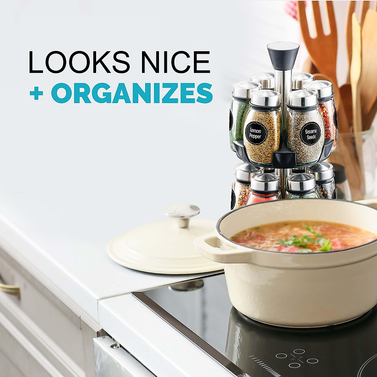 Spice Organizer - Spice Rack Organizer for Cabinet, Seasoning Organizer includes 12 Empty Jars + Labels. Rotating Spice Rack - Compact Herb and Spices Organizer to Fit Cabinets or Countertops