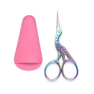 3.6 Inch Sewing Embroidery Scissors with Artificial Leather Cover Stainless Steel Stork Scissors Vintage Embroidery Scissors for Needlework, Manual Sewing Handicraft (Rainbow)