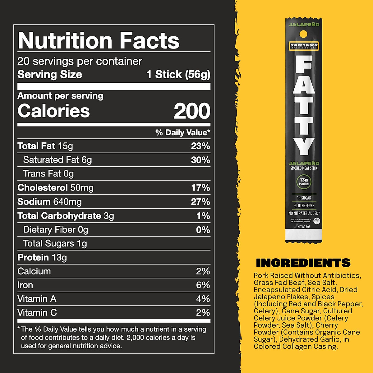 FATTY Meat Sticks, Grass-Fed Beef, High Protein Snack, Camping, Sports, Road Trip, Low Carb, Gluten Free, MSG Free, Nitrate Free, Jalapeno Flavor, 2 Ounce (5 Sticks)