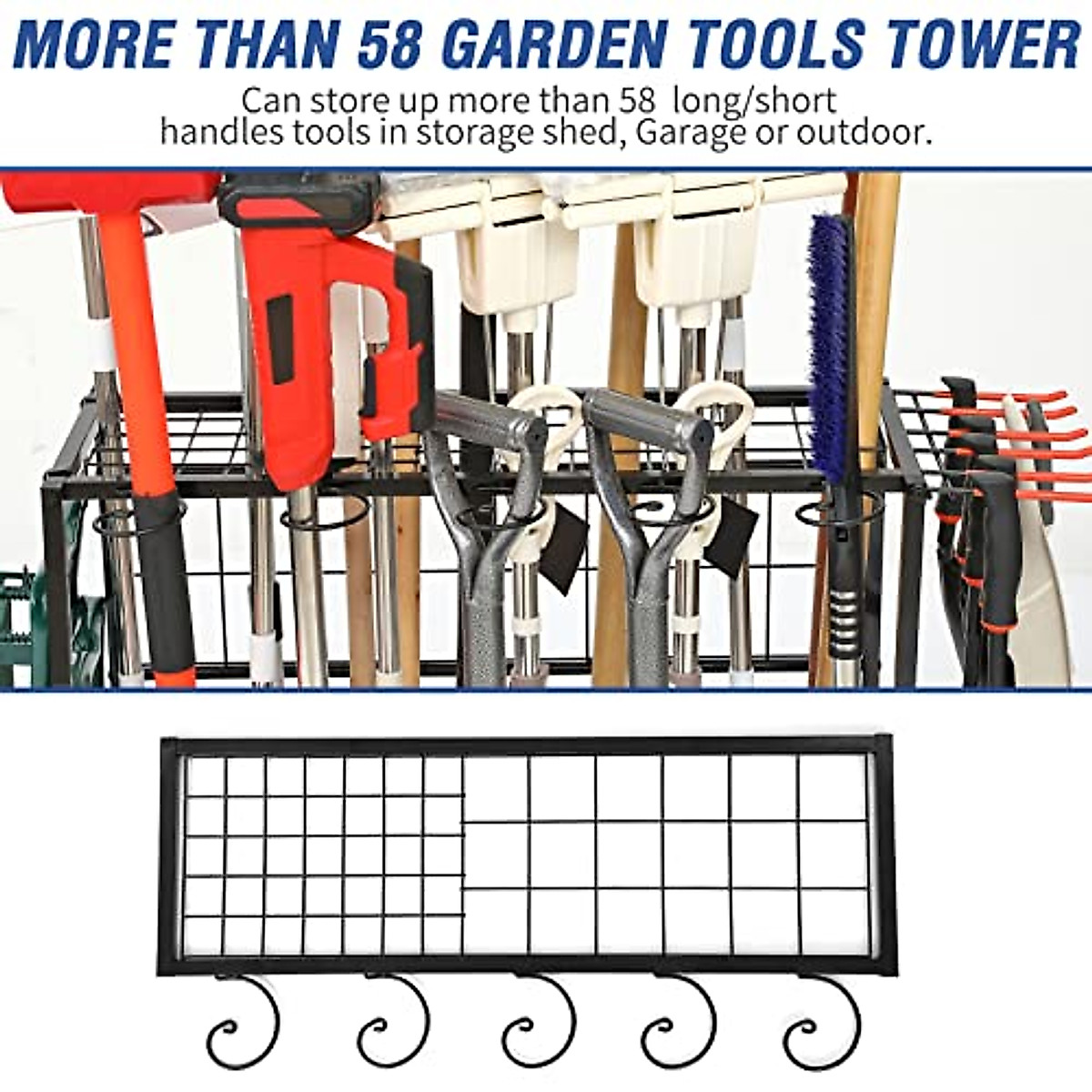 Garden Tool Organizer for Garage, Garden Tool Rack, Tool Organizers and Storage, up to 58 Long-Handled Tools, Garage Organizer, Yard Tool Holder for Garage, Shed, Outdoor, Garden tool stand, Black