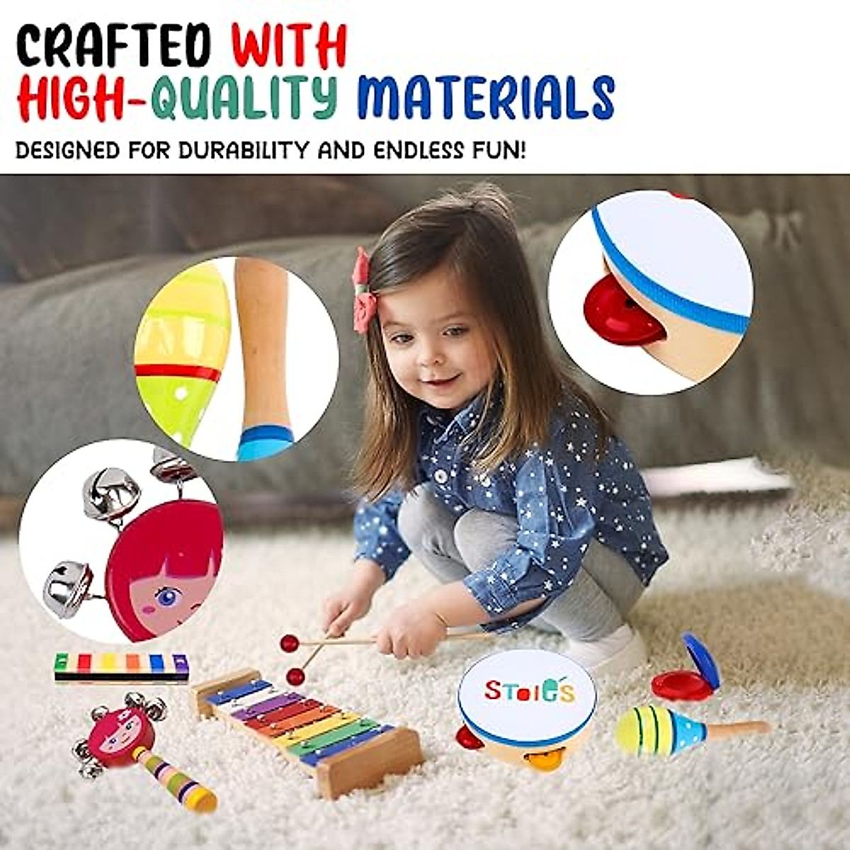 Stoie's Kids Musical Instruments Set for Toddler Ages 1-3, 3-5 - Baby Wooden Percussion Musical Toys for Little Boys & Girls - with Xylophone and Maracas, Drum, Cymbals