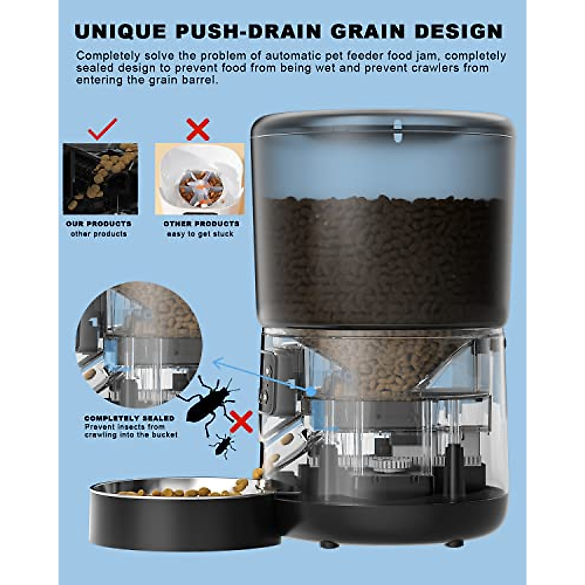 Tomxcute Automatic Cat Feeders, 4L Cat Dry Food Dispenser, Auto Dog Feeder Small Timed Pet Feeder with Stainless Steel Bowl, Push-Type Clog-Free Design, 1-4 Meals Portion Control for Cats and Dogs