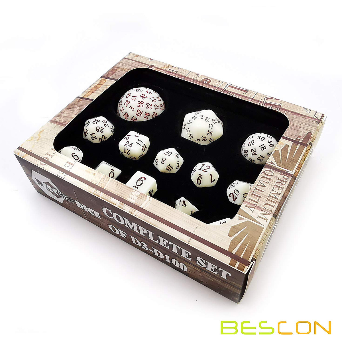 Bescon Super Glowing in Dark Complete Polyhedral RPG Dice Set 13pcs D3-D100