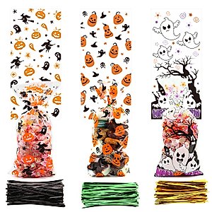 LOMIMOS 150PCS Halloween Cellophane Candy Bags, Clear Plastic Treat bags with 300PCS Twist Ties for Snacks cookies Gift Supplies