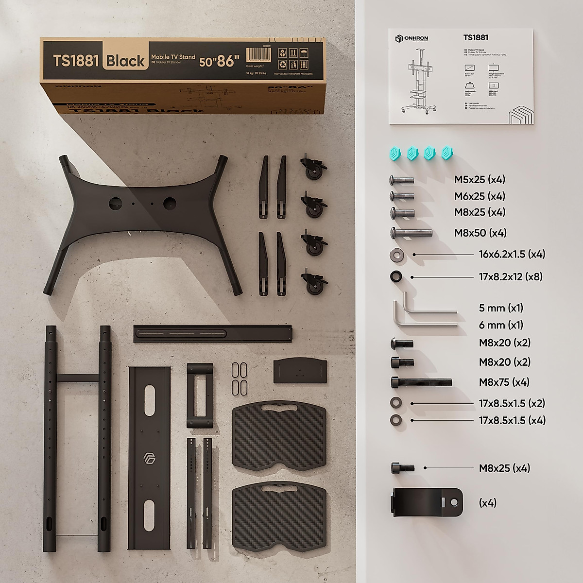 ONKRON Mobile TV Stand with Wheels Rolling TV Stand for 40-65 Inch LED LCD Flat or Curved Screen TVs up to 100 lbs - Height Adjustable TV Cart with Shelves - max VESA 600x400 (TS1351) Black