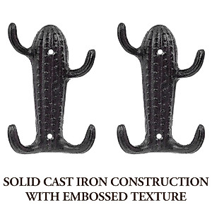 MyGift Vintage Dark Brown Cast Iron Coat Hooks, Southwestern Style Cactus Shape Wall Mounted Entryway Hanging Hook or Bathroom Towel and Robe Hangers, Set of 2