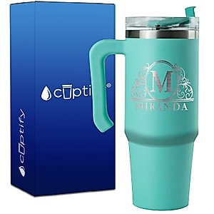 Personalized 30 oz Travel Mug - Elaborate Circle Monogram - Seafoam Custom Engraved Cup with Handle Vacuum Insulated Tumbler Birthday Gift for Women, Men, Beer and Drinks